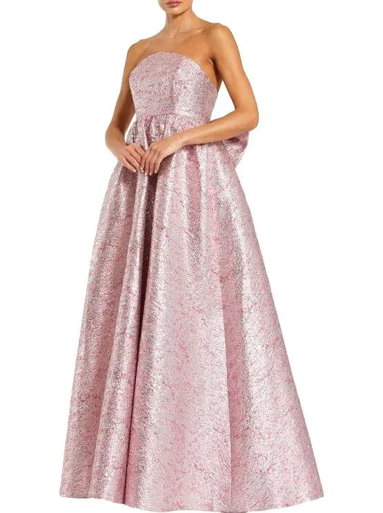 Mac Duggal Metallic Brocade Strapless Gown With Bow - Raspberry