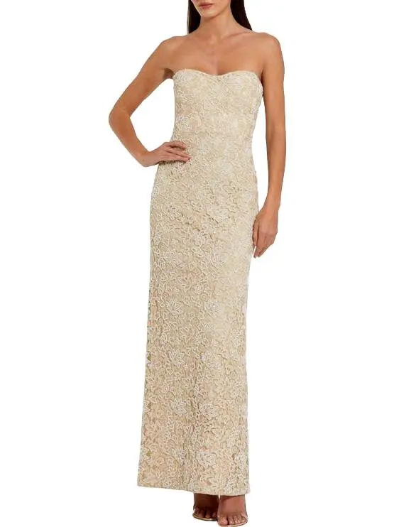 Mac Duggal Strapless Beaded Lace Gown - Beige