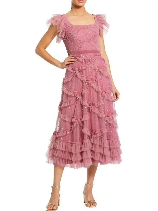 Mac Duggal Sequin Ruffle Net Midi Dress With Velvet Bow And Flutter Sleeves - Antique Rose
