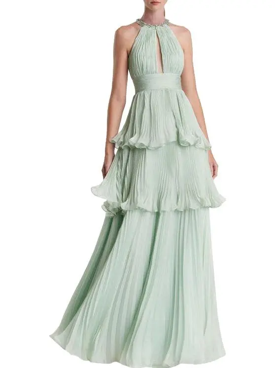 Mac Duggal Beaded High-neck Gown With Keyhole And Tiered Ruffle Skirt - Mint