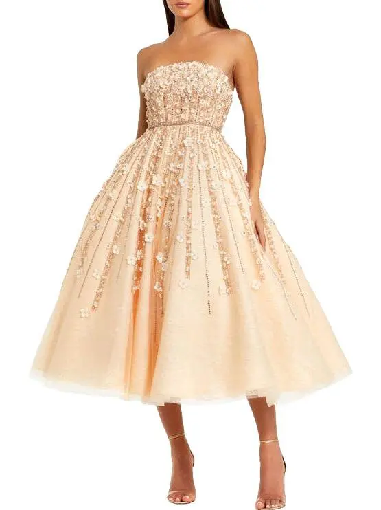 Mac Duggal Embellished Lace Strapless Midi A-line Dress - Champagne
