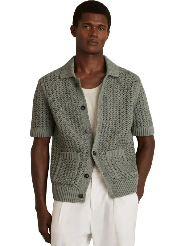 REISS Amir Crochet Button-through Shirt - Sage Green