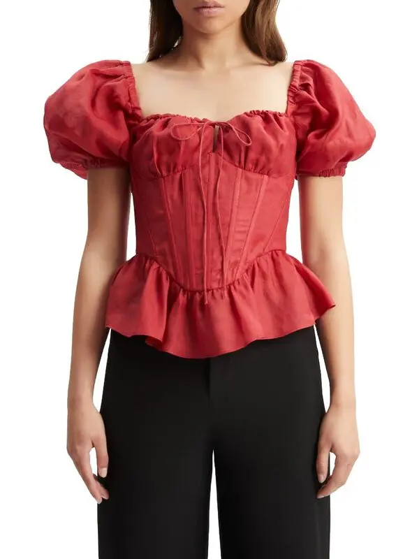 Bardot Esra Puff Sleeve Ramie Corset Top - Fire Red