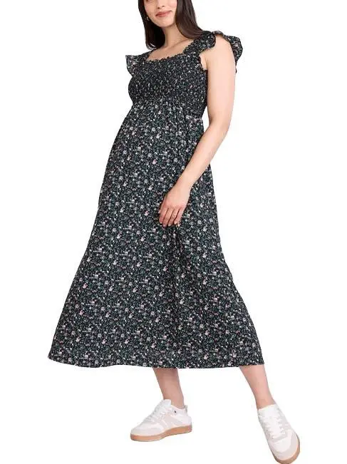 Motherhood Maternity Sleeveless Ruffle Shoulder Smocked Maxi Dress - Black Ditsy Floral
