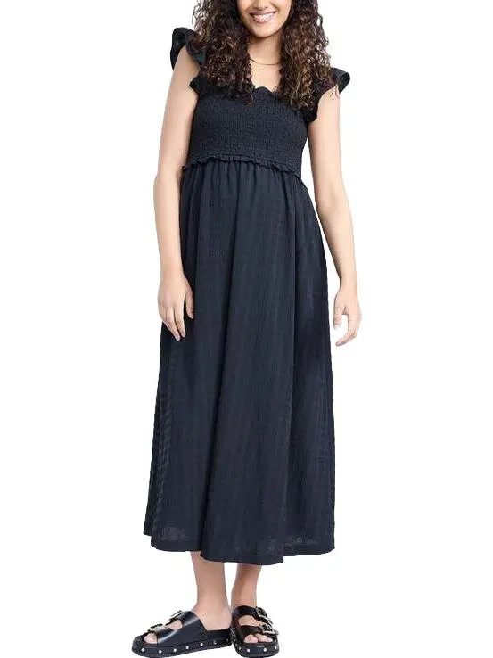 Motherhood Maternity Sleeveless Ruffle Shoulder Smocked Maxi Dress - Black