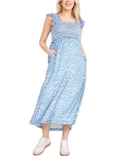 Motherhood Maternity Sleeveless Ruffle Shoulder Smocked Maxi Dress - Blue Cheetah