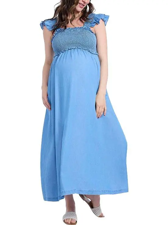 Motherhood Maternity Sleeveless Ruffle Shoulder Smocked Maxi Dress - Chambray
