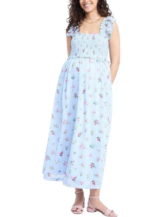 Motherhood Maternity Sleeveless Ruffle Shoulder Smocked Maxi Dress - Skyway Ditsy Floral