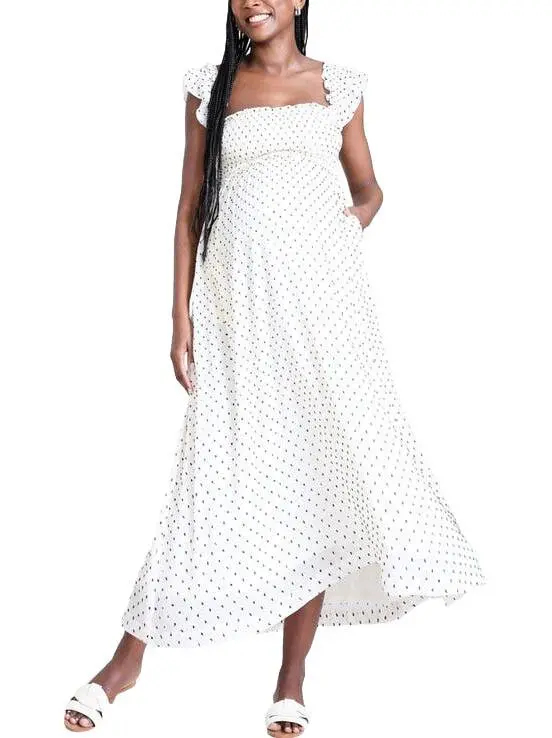 Motherhood Maternity Sleeveless Ruffle Shoulder Smocked Maxi Dress - White & Black Polka Dot