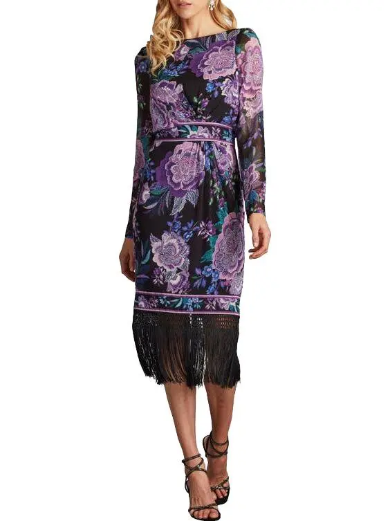 Tadashi Shoji Floral Fringe Detail Long Sleeve Dress - Black/ Purple Floral
