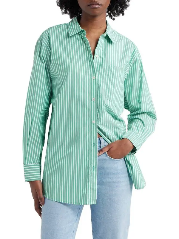 Rails Elsa Stripe Cotton Button-up Top - Kelly White Stripe