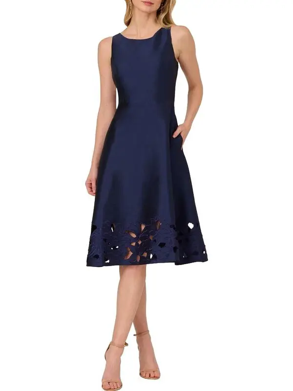 Adrianna Papell Cutwork Detail Taffeta Cocktail Dress - Light Navy
