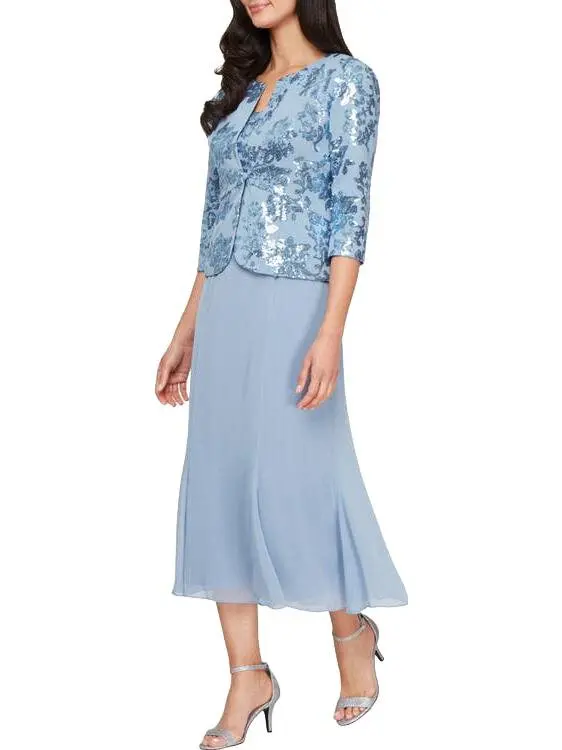 Alex Evenings Sequin Floral Stretch Crepe Cocktail Dress With Jacket - Dusty Blue