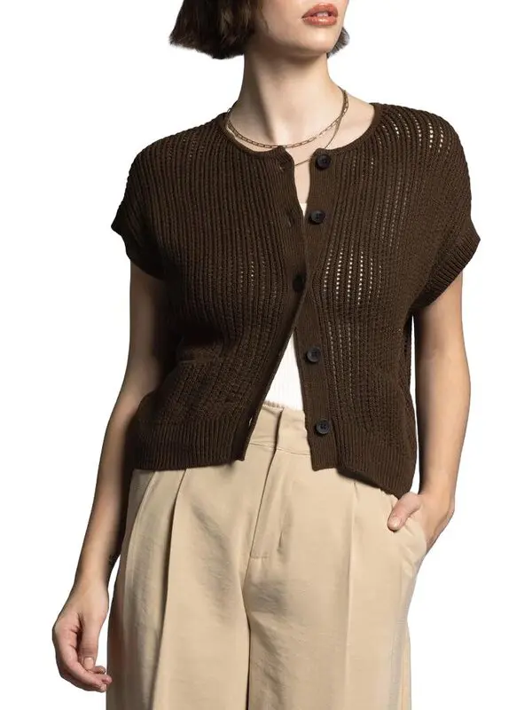 WEEKEND LOS ANGELES Violette Linen And Cotton Short Sleeve Cardigan - Black Brown