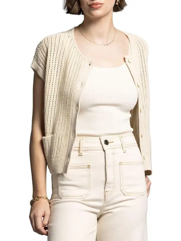 WEEKEND LOS ANGELES Violette Linen And Cotton Short Sleeve Cardigan - Bone