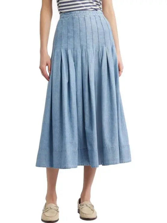 The Great. The Rhythm Pleated Chambray Midi Skirt - Boiler Wash