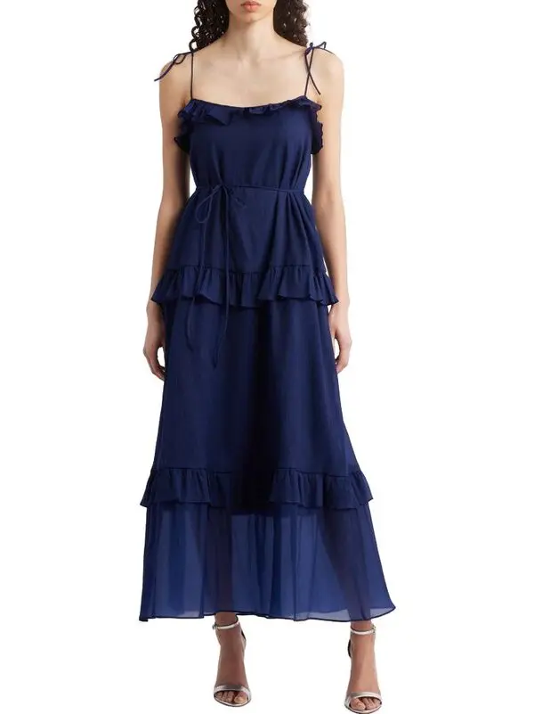 Julia Jordan Tie-strap Tiered Midi Dress - Navy