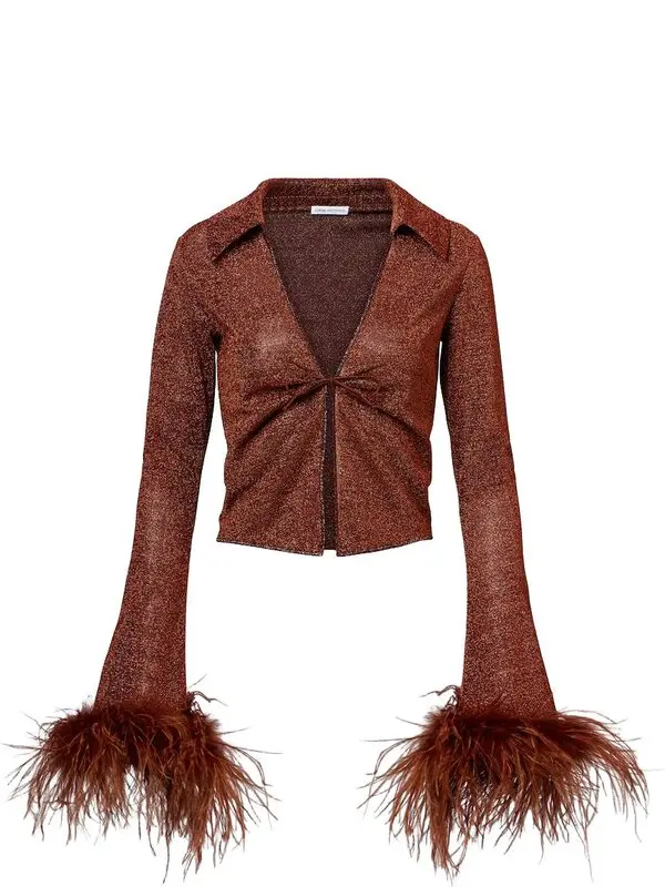 Oseree Lumière Plumage Feather-trimmed Blouse - Brown