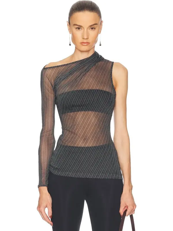 COURREGES One Shoulder Striped Mesh Top - Black & Ruby