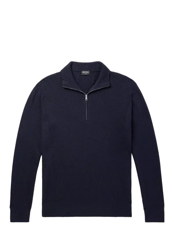 Zegna Ribbed Cashseta Zip-up Sweater - Blue