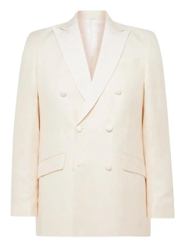 FAVOURBROOK Double-breasted Herringbone Linen And Silk-blend Tuxedo Jacket - Neutrals