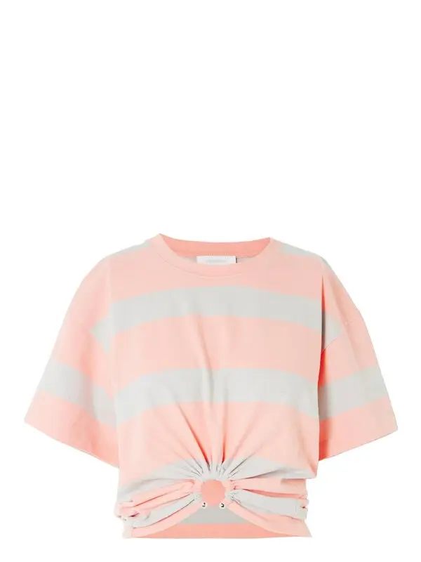 Rabanne Embellished Gathered Striped Cotton-jersey T-shirt - Pink