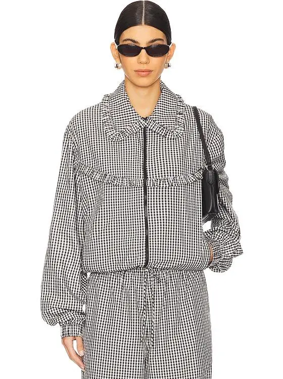TANNER FLETCHER Ruffle Trim Track Jacket - Black Gingham