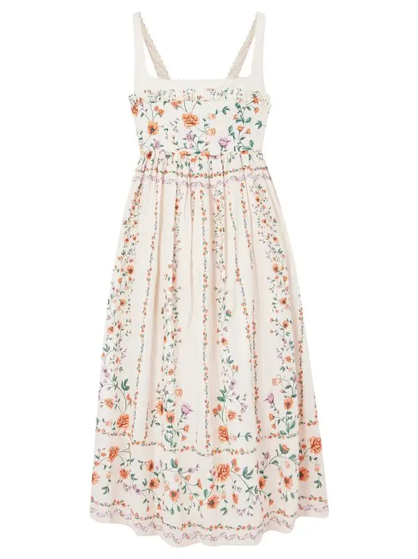 Agua Bendita Barbara Pleated Bead-embellished Floral-print Linen Midi Dress - White
