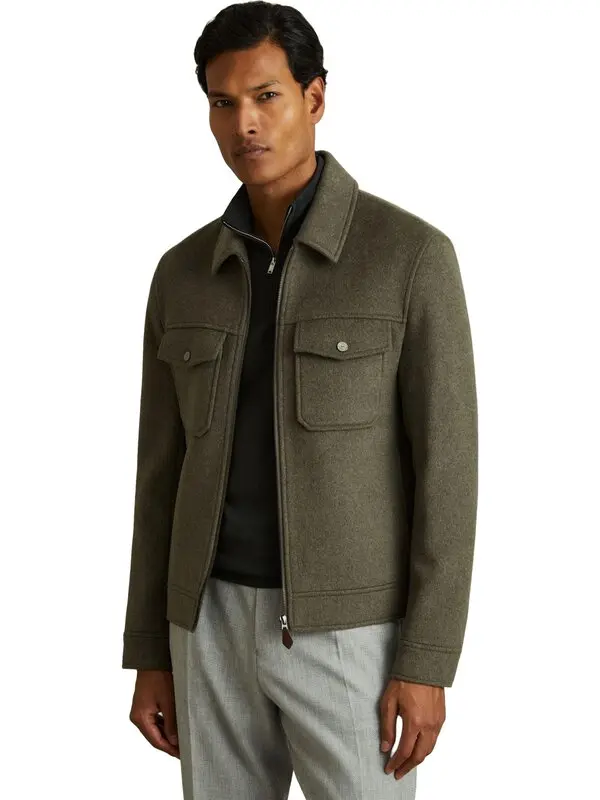 REISS Peridoe Wool Trucker Jacket - Green Smoke