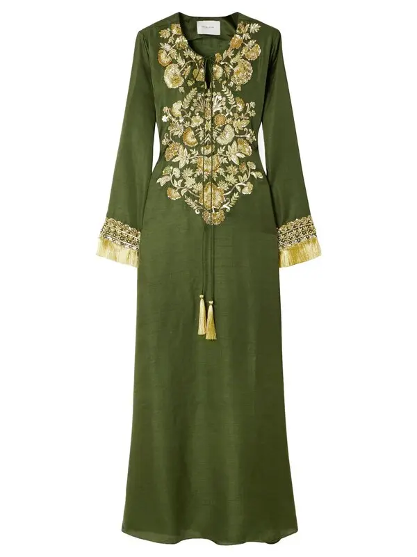 SHATHA ESSA Fringed Embellished Embroidered Silk-blend Gown - Green