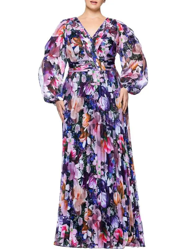 Betsy & Adam Metallic Floral Pleated Gown - Purple Multi