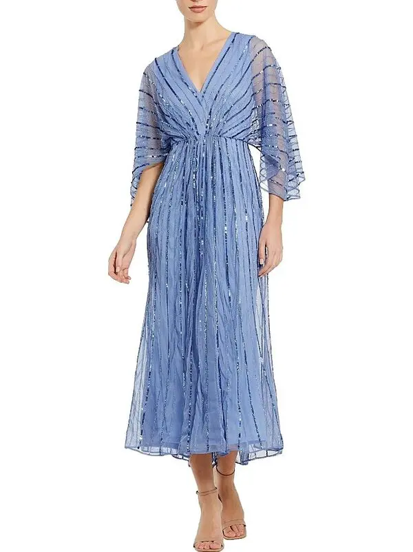 Mac Duggal Beaded Striping Kimono Sleeve V-neck Gown - Periwinkle