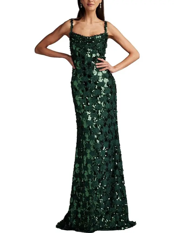 Tadashi Shoji Tinker Sequin Fringe Gown - Green