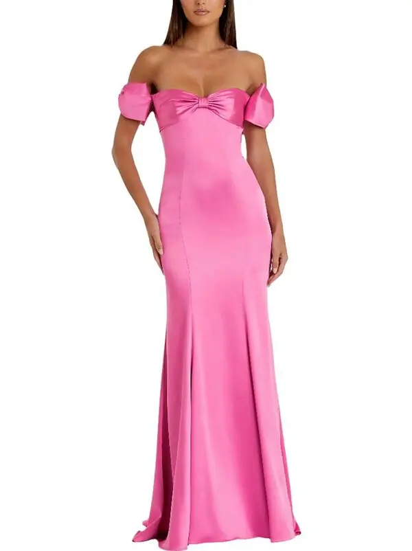 Mac Duggal Satin Off-the-shoulder Gown With Bow - Pink