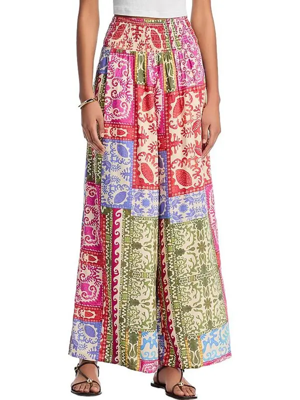 Aqua Mixed Print Smocked Waist Wide Leg Pants - Multi