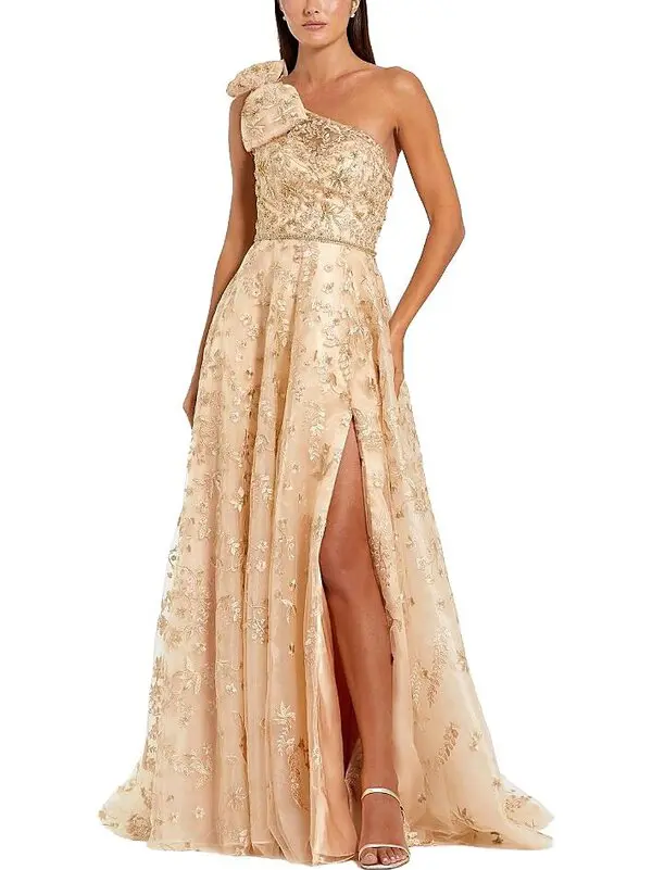 Mac Duggal Embellished Bow One Shoulder A-line Gown - Champagne