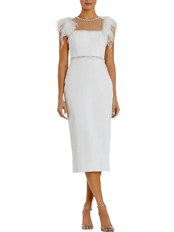 Mac Duggal Feather Embellished T-length Dress - White