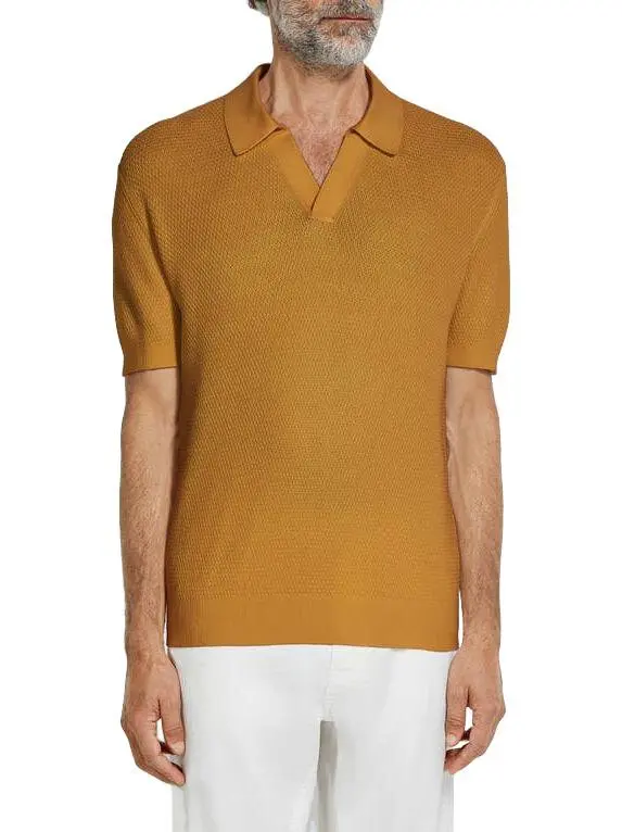 Zegna Premium Waffle Knit Cotton Polo Sweater - Dark Yellow Solid