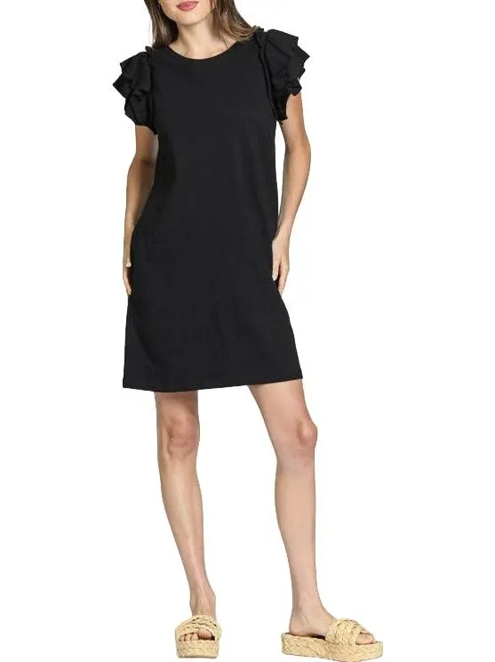 APNY Double Ruffle Sleeve Cotton Minidress - Black