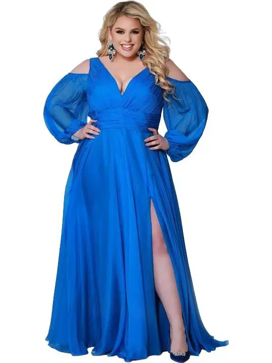SYDNEY'S CLOSET Cold Shoulder Chiffon Gown - Bluejay