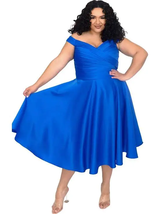 SYDNEY'S CLOSET Off-the-shoulder Pleated Party Dress - Sapphire