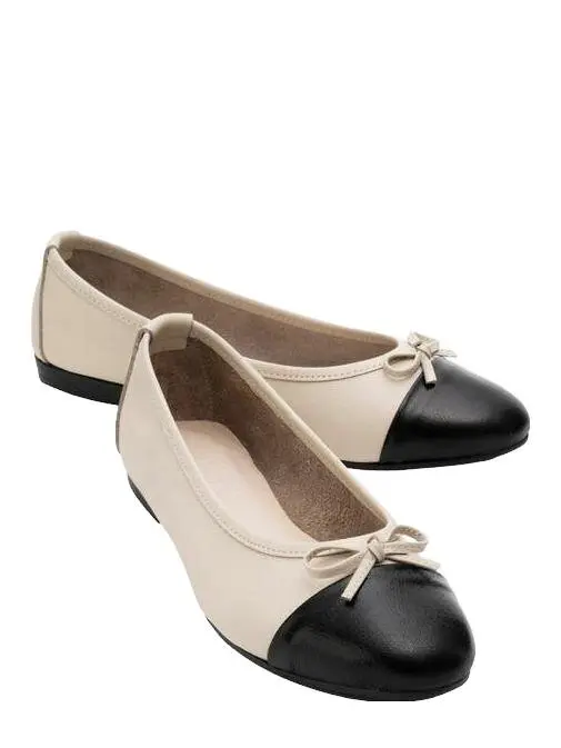 FOREVER & ALWAYS SHOES Rayne Cap Toe Ballet Flats - Beige Black Leather