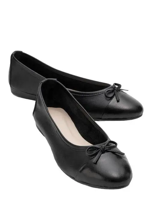 FOREVER & ALWAYS SHOES Rayne Cap Toe Ballet Flats - Black Leather
