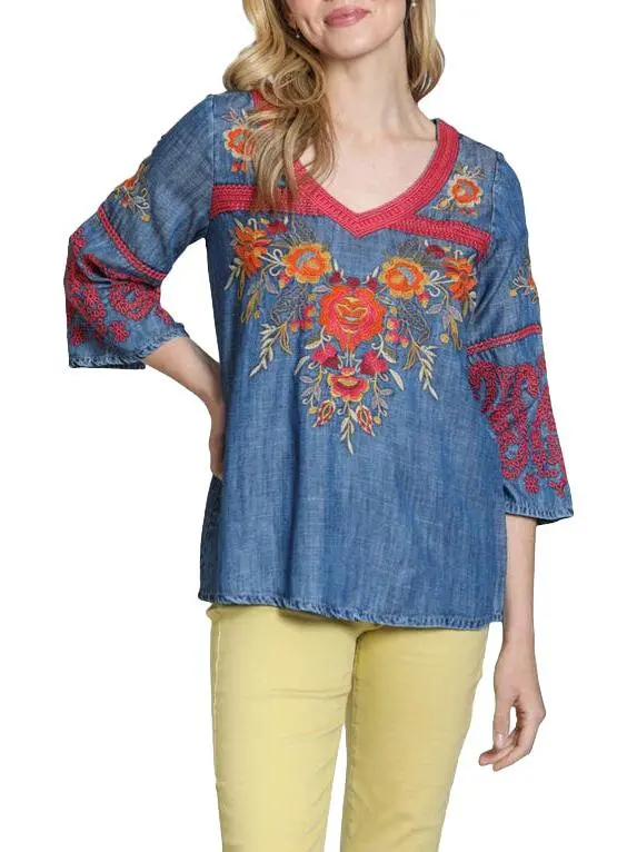 APNY Floral Embroidered Denim Top - Indigo