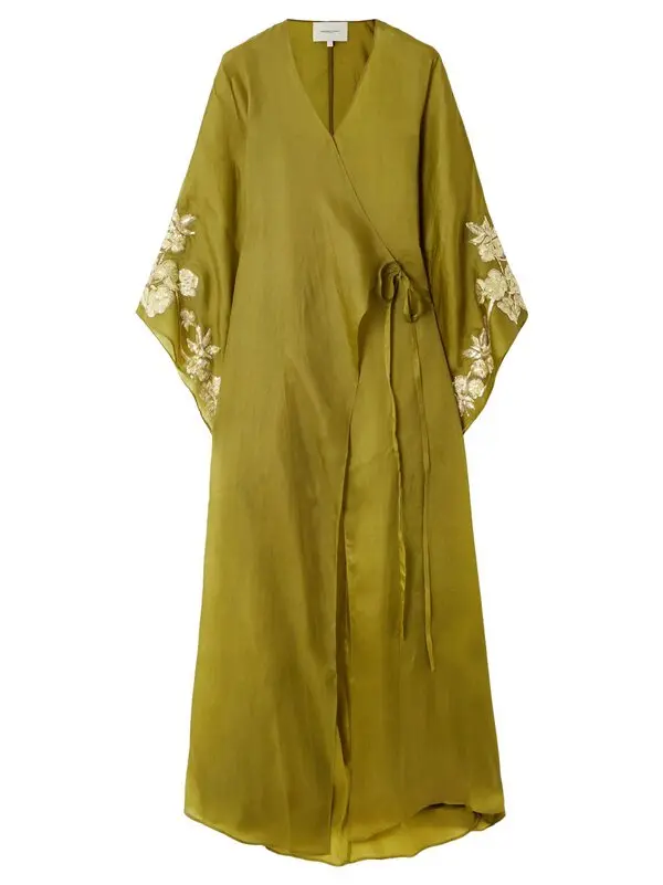 SHATHA ESSA Sequin-embellished Embroidered Organic Silk Wrap Gown - Green
