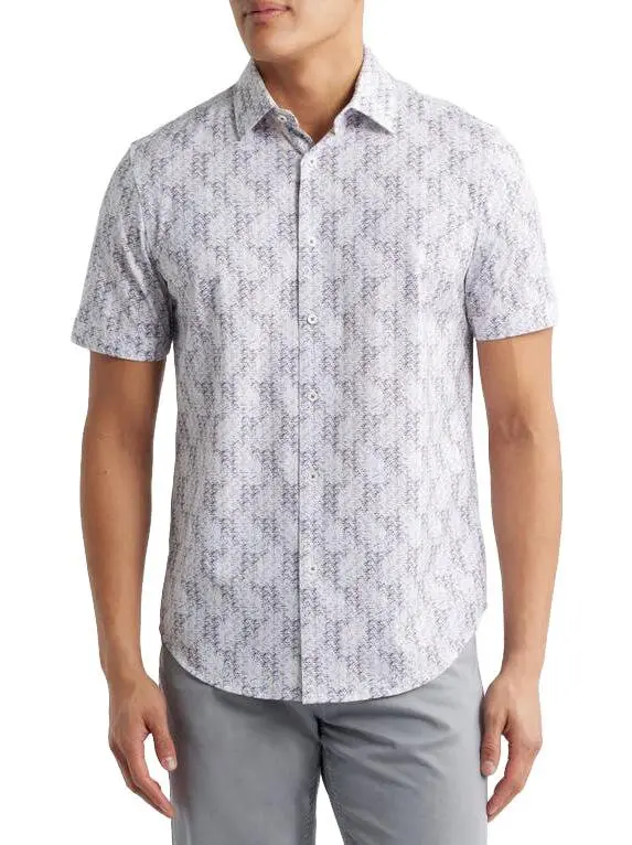 Bugatchi Miles Ooohcotton® Leaf Print Short Sleeve Button-up Shirt - Peacock