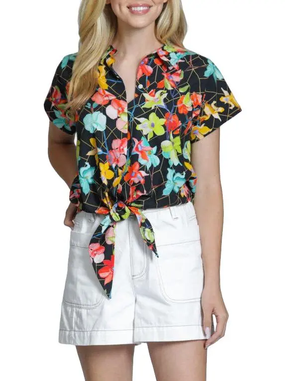 APNY Printed Tie Waist Cotton Camp Shirt - Turquoise Multi