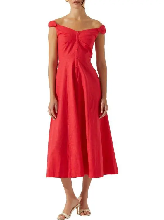 Astr The Label Charelin Off-the-shoulder Linen-blend Midi Sundress - Red