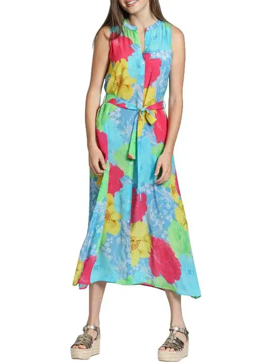 APNY Print Sleeveless Maxi Shirt Dress - Blue Multi