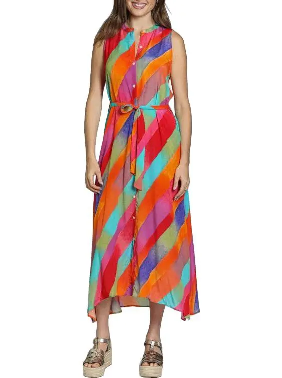 APNY Print Sleeveless Maxi Shirt Dress - Orange/ Purple Multi
